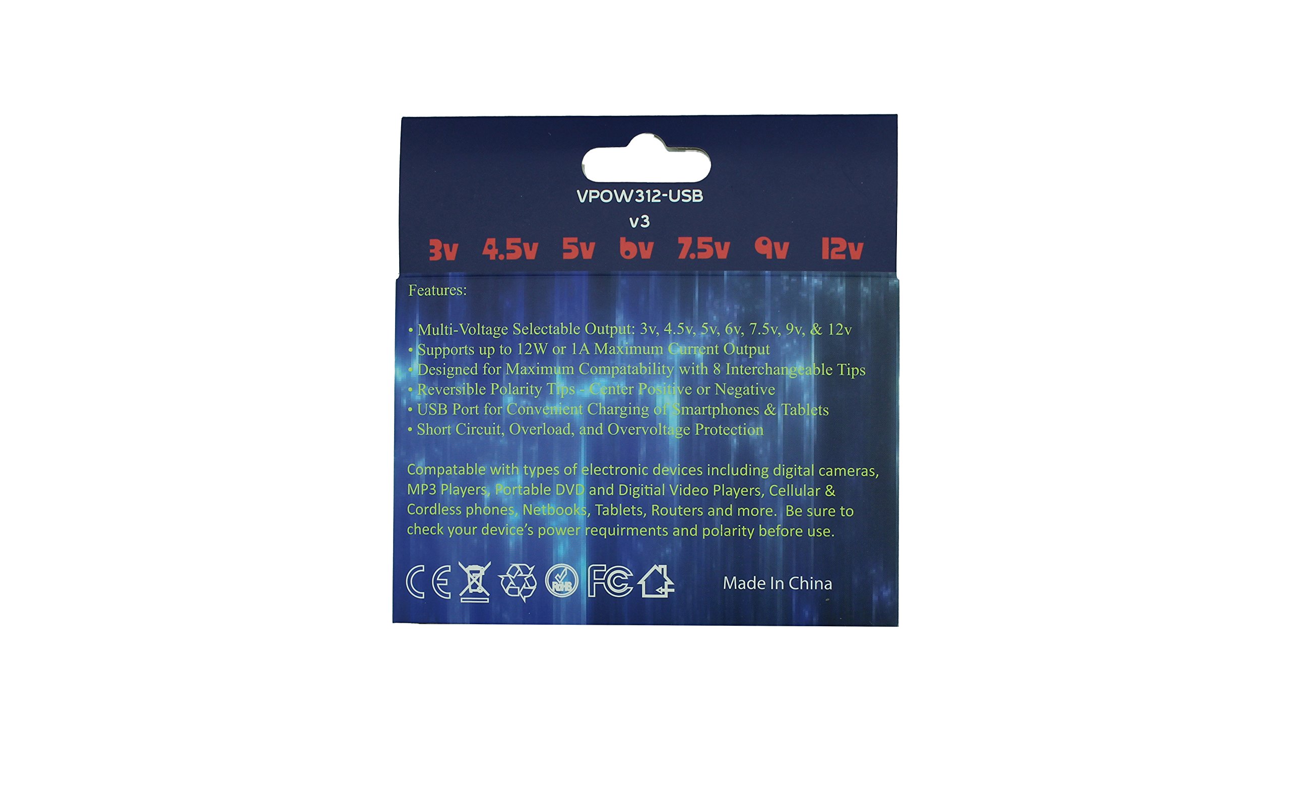3vdc -12 volt Universal AC/DC Power Adapter USB Port | 8 Reversible Polarity Positive or Negative Tips Center Tip 3v 4.5v 5v 6v 7.5v 9v 12v 1a 12w Transformer 5.5mm 2.5mm 2.1mm 3.5mm 4.0mm 5.0mm 1.7mm