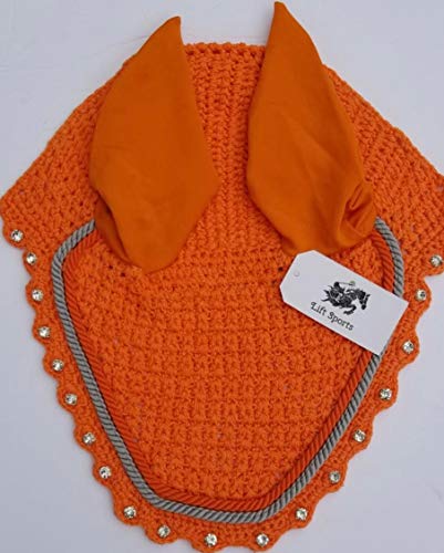 Horse Fly Bonnet with Ears Net Mask Veil with Crystals Blings Hand Made Breathable Cotton Crochet Shows Protect from Bugs and Flies (Full, Purple)