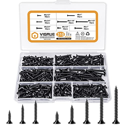 VIGRUE 310 Pcs #6 1/2'' to 1'' #8 1/2'' to 1-1/2'' Wood Screws Black Oxide Coated Stainless Steel Flat Head Phillips Drywall Screw Assortment Kit, Self Tapping Screws Kit in 8 Sizes