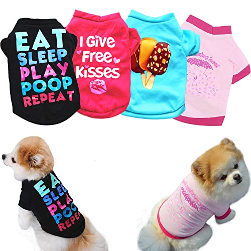 4 Pack Dog Shirt for Small Dog Girl Puppy Clothes, Eat Sleep, Kisses, Ice Cream, Love, Summer Shirt Female Pet Outfits Cat Clothing Funny Dog Cat Apparel Dachshund Yorkie French Bulldog