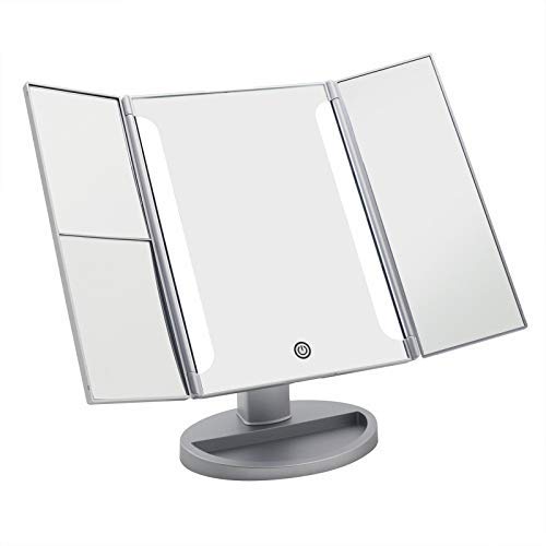 KXA Lighted Makeup Mirror, 24 LED Lighted Tri-Fold Makeup Mirror with Touch Screen and 180°Adjustable Stand Dual Power Mode Travel Beauty Mirror