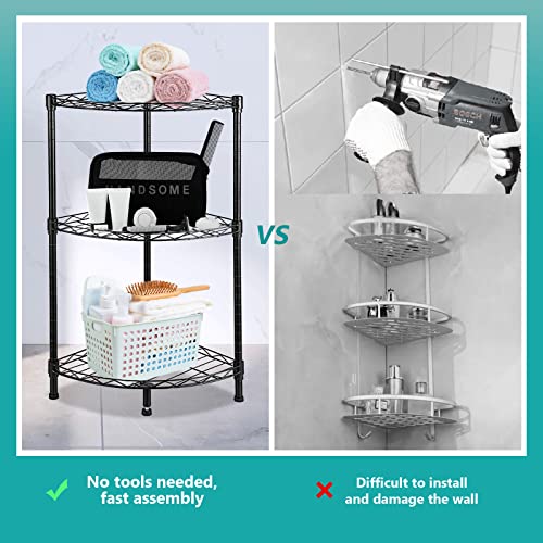3 Tier Corner Wire Shelving Unit, Adjustable Wire Rack Shelving, Metal Wire Storage Shelves for Kitchen, Pantry, Laundry, Bathroom, Closet (13.8" D x 13.8" W x 31.5" H, Black)