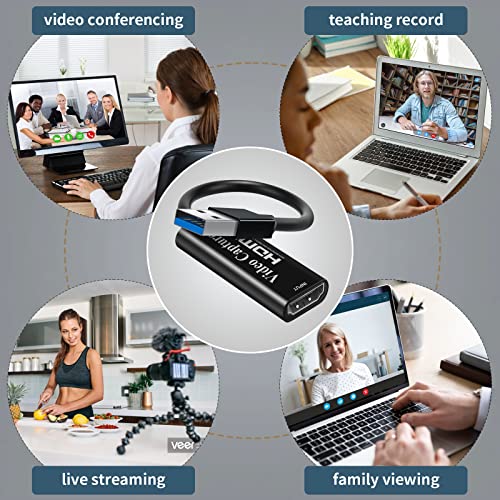 Video Capture Cards, 4K HDMI to USB Video Capture Device, 1080P HD Broadcast Live and Record Video Audio Grabber for Gaming, Streaming, Teaching, Video Conference (Black)