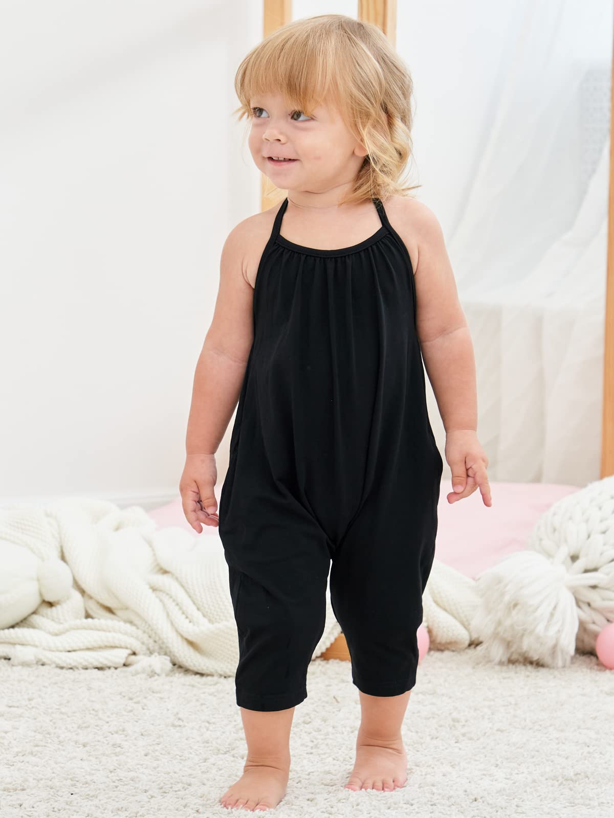 Lindanina Slouch Jumpsuit for Toddlers Harem Strap Romper Little Girls Backless Halter Playsuit with Pockets Cute Solid One Piece(Black, 2-3T)