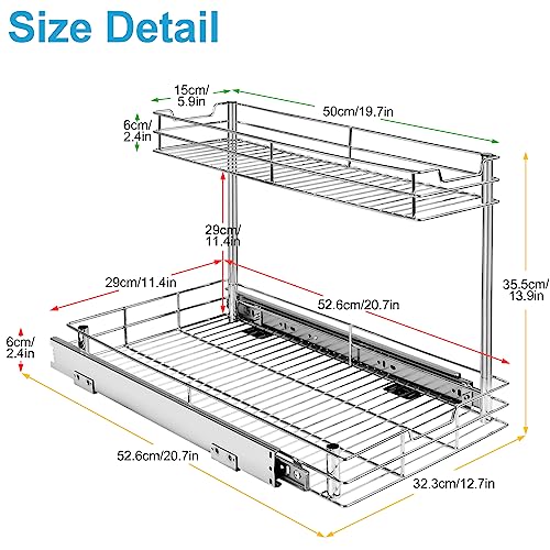 2 Tier Pull Out Cabinet Organizer, 20.7" D x 12.7" W x 13.9" H, Heavy Duty, Under Sink Slide Out Storage, Sliding Wire Drawer Base Cabinet for Kitchen Bathroom Pantry, Chrome