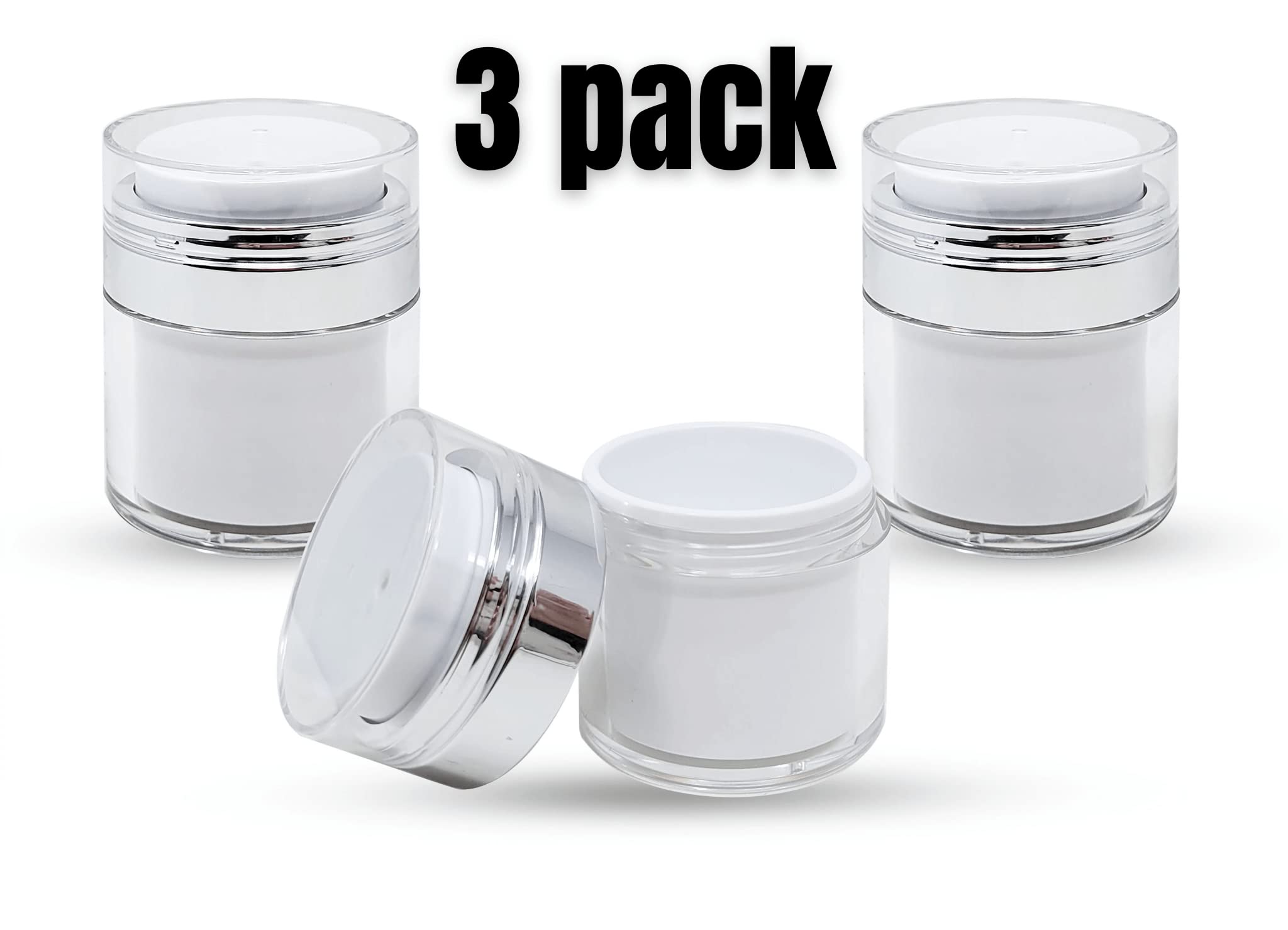 3-pack Airless Pump Dispenser Jar - 1.7 oz 50 mL Refillable Bottle Empty Cosmetic Cream New Jars for Travel Containers with Push Down Pump for Face Makeup Lotion Moisturizer Creams and Skincare