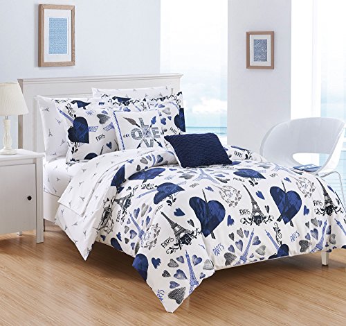 Chic Home Le Marias 9 Piece Reversible Comforter Paris is Love Inspired Printed Design Bed in a Bag-Sheet Set Decorative Pillows Shams Included Size, Queen, Navy