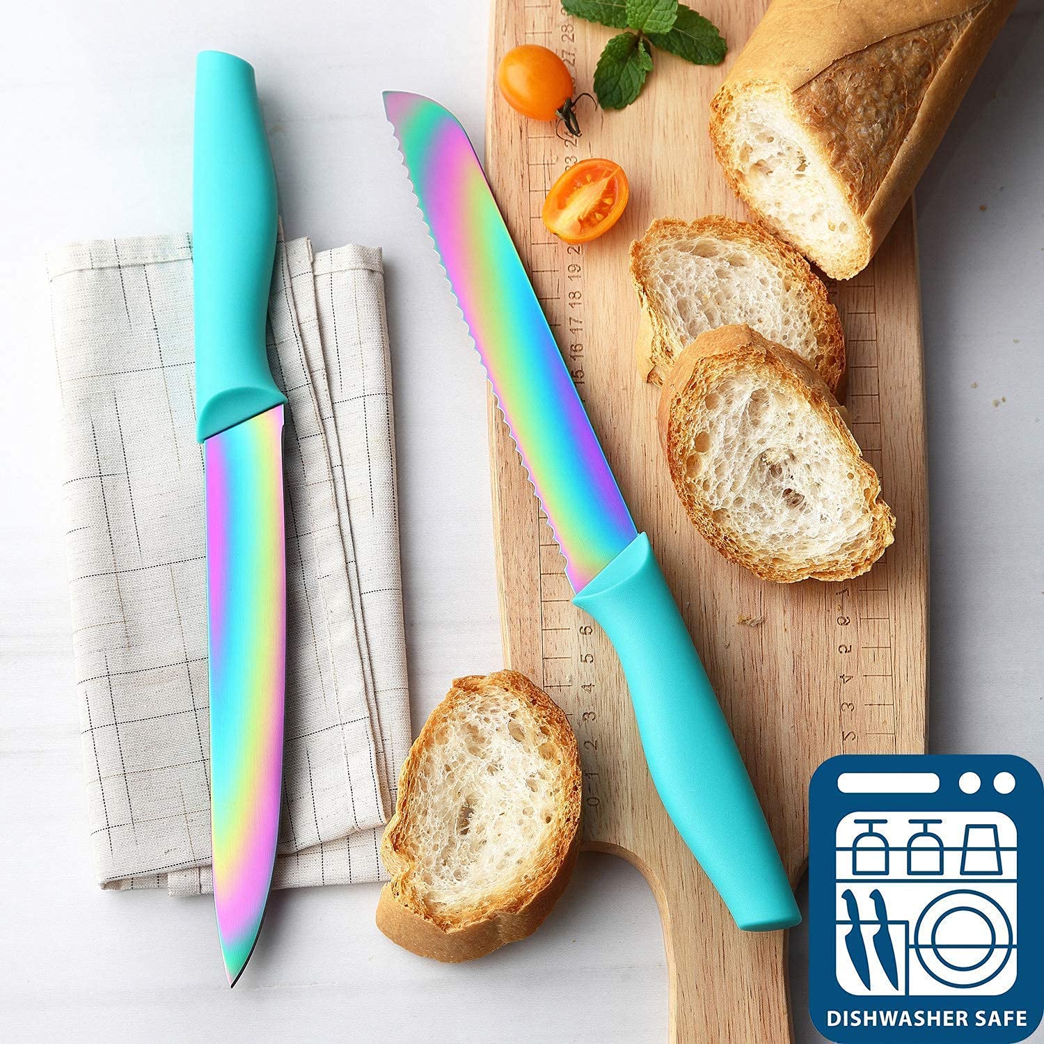 KYA27 Kitchen Knives Set with Wooden Block+ KYA52 Rainbow Kitchen Utensils Set+ KYA55 Rainbow Titanium Long Handle Spoons PACK of 8