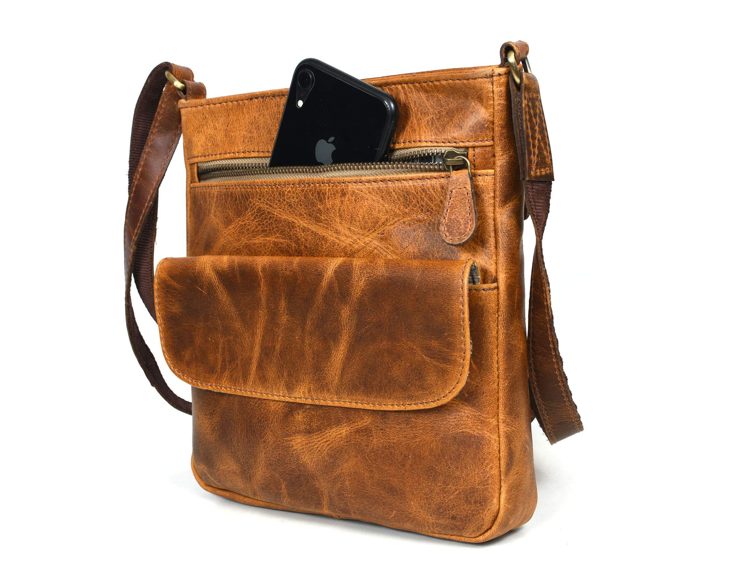 Aaron Leather Goods Women Crossbody bag with Metal Zipper Brown Black (Chestnut)
