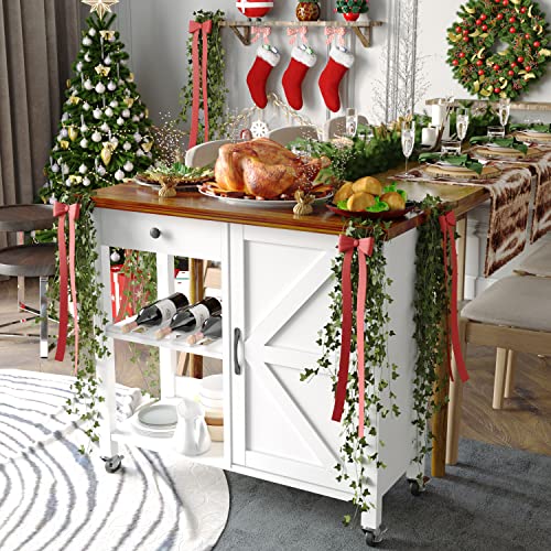 4 EVER WINNER Kitchen Island Cart on Wheel with Storage, 31" Farmhouse Island Table with Storage Drawer & Cabinet, Adjustable Shelf, Wine Rack,Rolling Small White Kitchen Coffee Cart for Dining Room