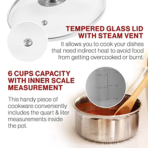 6 Cup Double Boiler Pot Set β 1.5 Quart Stainless-Steel Saucepan 2-in-1 with Vented Glass Lid β Kitchen Cookware with Measurements by Classic Cuisine