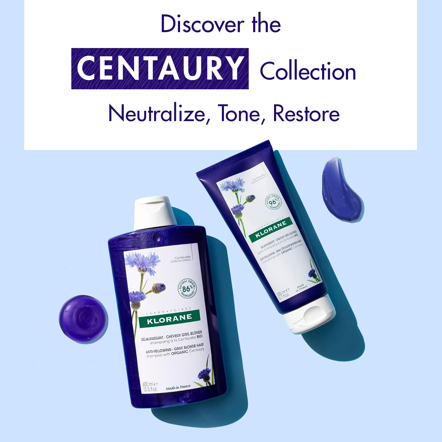 Klorane Plant-Based Purple Conditioner with Centaury, Brightens Blonde, Platinum, Silver, Gray or White Hair, Neutralizes Unwanted Yellow and Copper Tones, Paraben, Silicone and Sulfate Free, 6.7 fl.oz.
