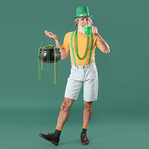 307 Pcs St Patrick's Day Black Candy Cauldron Kettle with Handle Set Shamrock Leprechaun Coin Gold and Green Gem Clover Necklace Lucky Plastic Jewelry Treasure Pot for Saint Patty's Day Party Decor