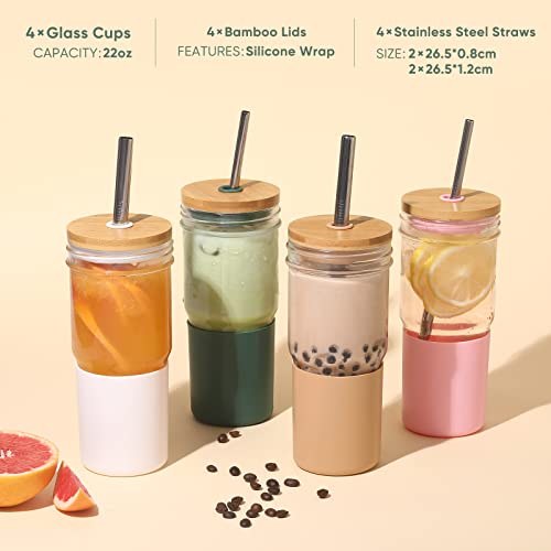 4 Pack Glass Cups with Lids and Straws, 22oz Mason Jar Glass Tumbler, Smoothie Cup with Silicone Sleeve, Reusable Boba Cup, Modern Cute Iced Coffee Cup, Drinking Glasses for Tea, Juice, Soda, Cocktail