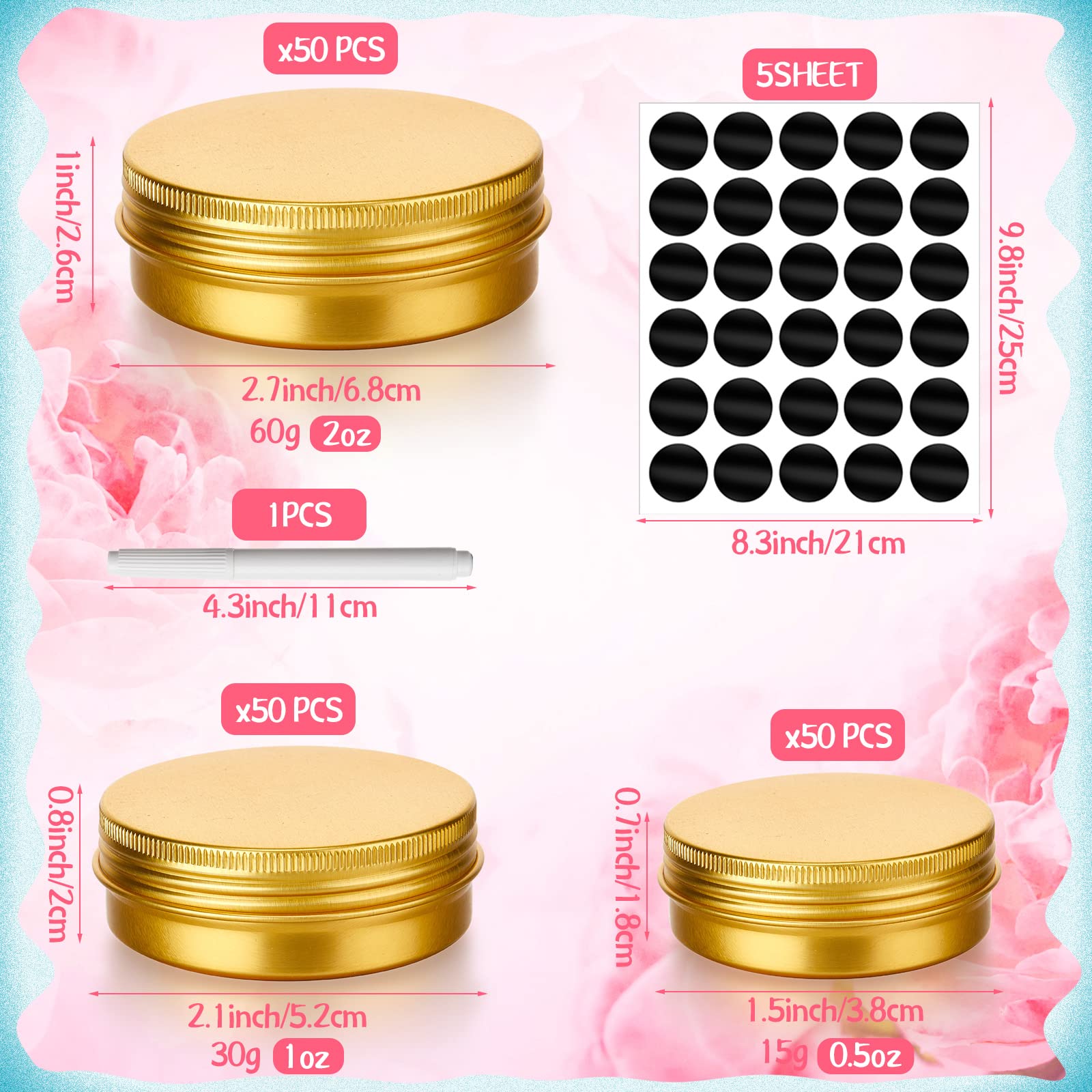 150 Pack 2 Oz Aluminum Tin Metal Round Tins Storage Jar Containers with Screw Lid Empty Tin Cans with Lids, 150 Chalk Labels, Chalk Maker for Cosmetic Lip Balm Cream Candles, Gold
