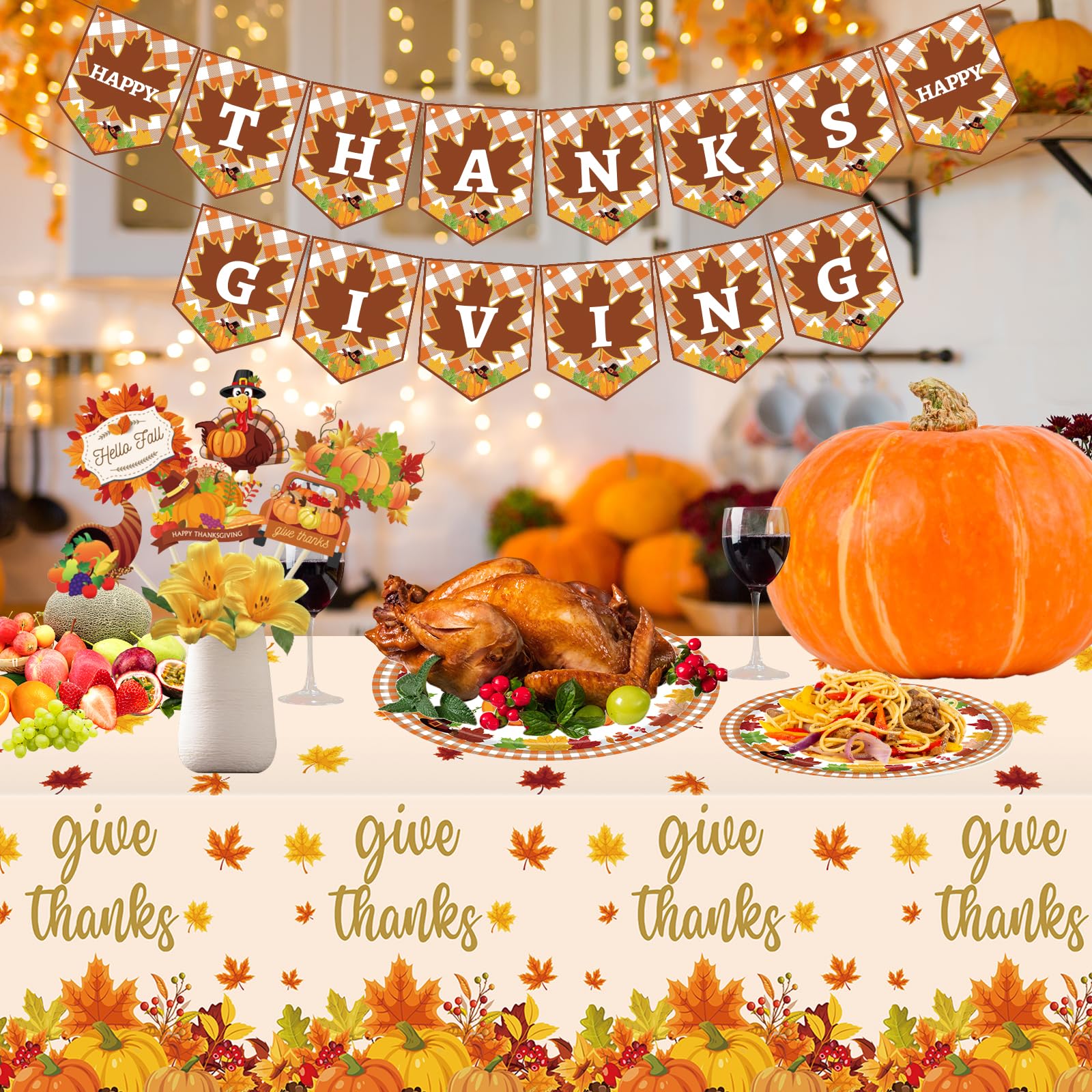 3 Pcs Thanksgiving Tablecloth - Give Thanks Plastic Table Cloth Disposable Rectangular Fall Pumpkin Maple Leaves Table Cover for Thanksgiving Day Party Decorations Table Decor Supplies,108 x 54 Inch