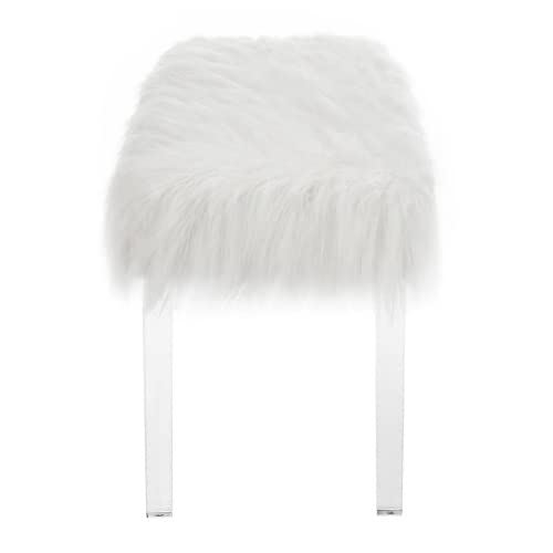 1pc White Glam Accent Bench with Faux Fur Seat Transparent Legs