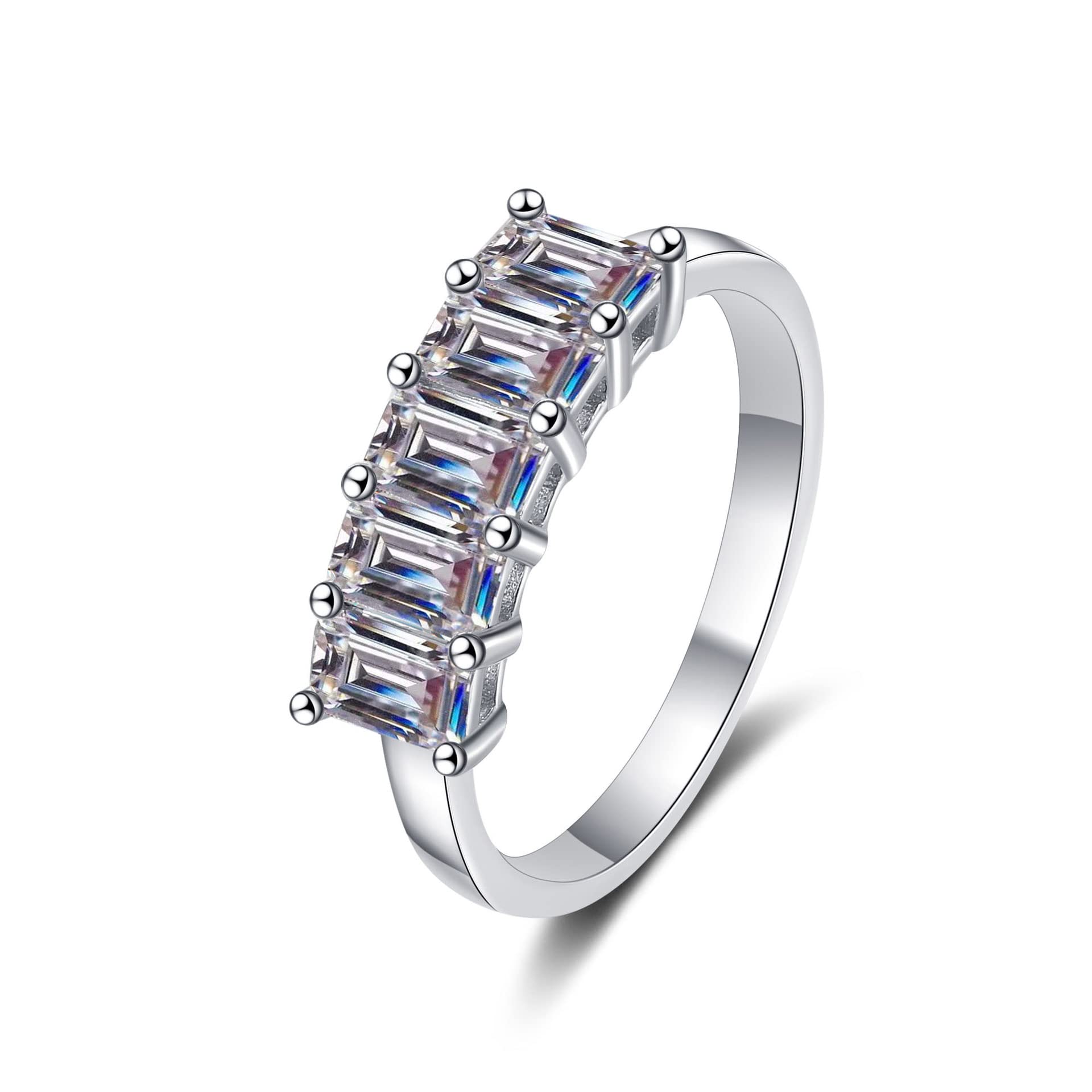2.5 Carat 3X5mm 5 Stone Emerald Cut Moissanite Half Eternity Wedding Band Ring for Women Sterling Silver with White Gold Plated D Color VVS1 Lab Created Diamond Anniversary Promise Ring for Her Size 7