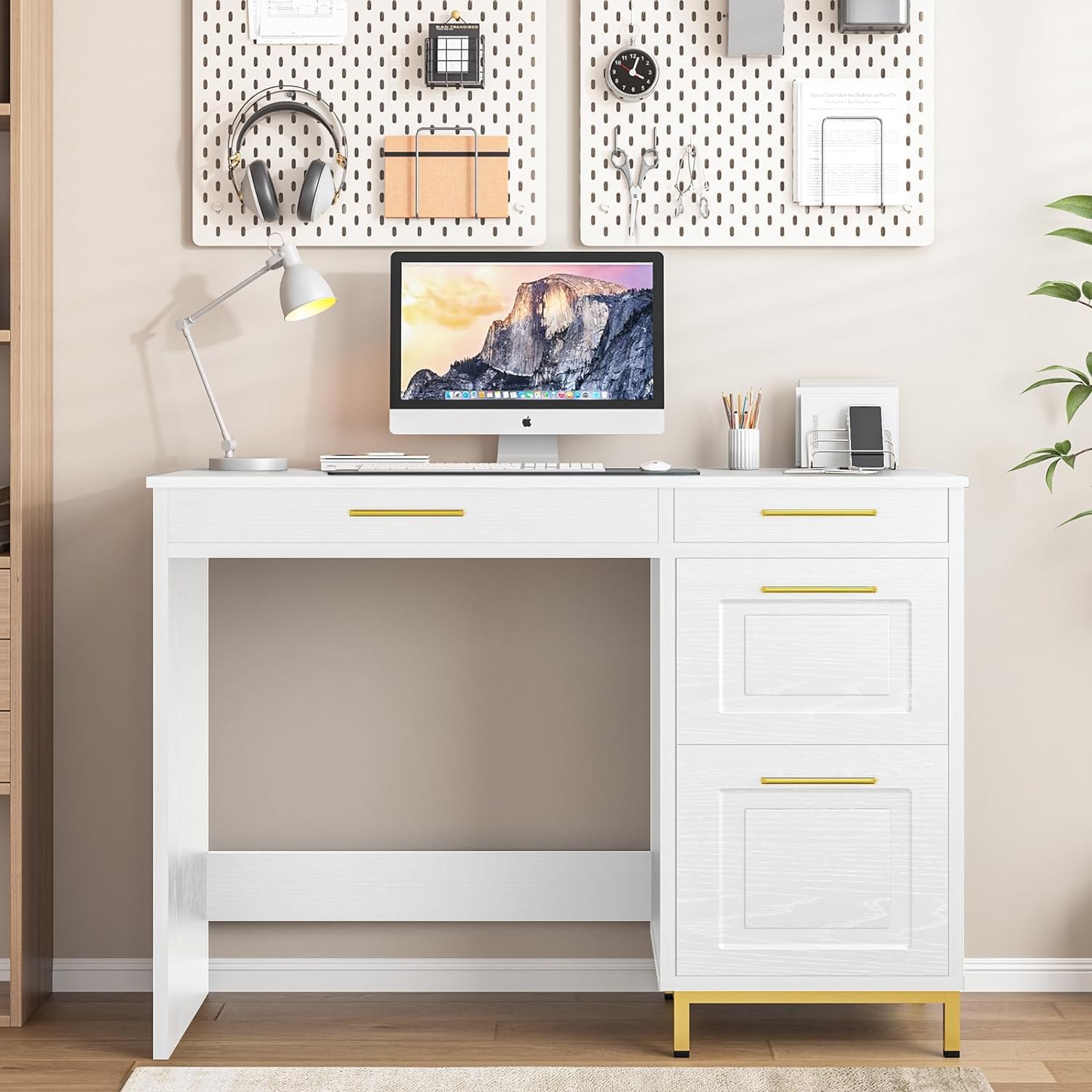 4 EVER WINNER White Desk with Drawers, 43β Home Office Small Desk with Drawers, Gold Hardware for Small Space, White and Gold Desk Writing Study Table for Bedroom