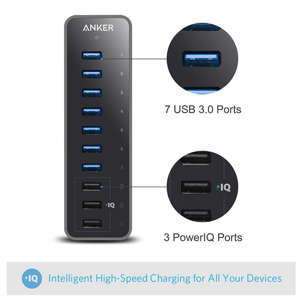 Anker 10 Port 60W Data Hub with 7 USB 3.0 Ports and 3 PowerIQ Charging Ports for MacBook, Mac Pro/Mini, iMac, XPS, Surface Pro, iPhone 7, 6s Plus, iPad Air 2, Galaxy Series, Mobile HDD, and More