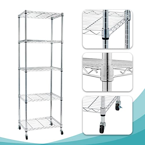 BELANITAS 5 Shelf Metal Shelves for Storage Heavy Duty Wire Shelving with Wheels Casters Steel Shelves for Storage Unit Metal Shelf Wire Rack, 24" L x 18" W x 71" H,Silver