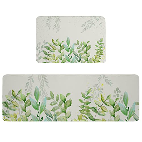 2 PCS Cushioned AntiFatigue Kitchen Mats and Rugs, Summer Leaves Absorbent Floor Bath Door Mat Non-Slip Doormat Accent Runner Carpet Washable Indoor Comfort Standing Mat Watercolor Green Plant Leaf