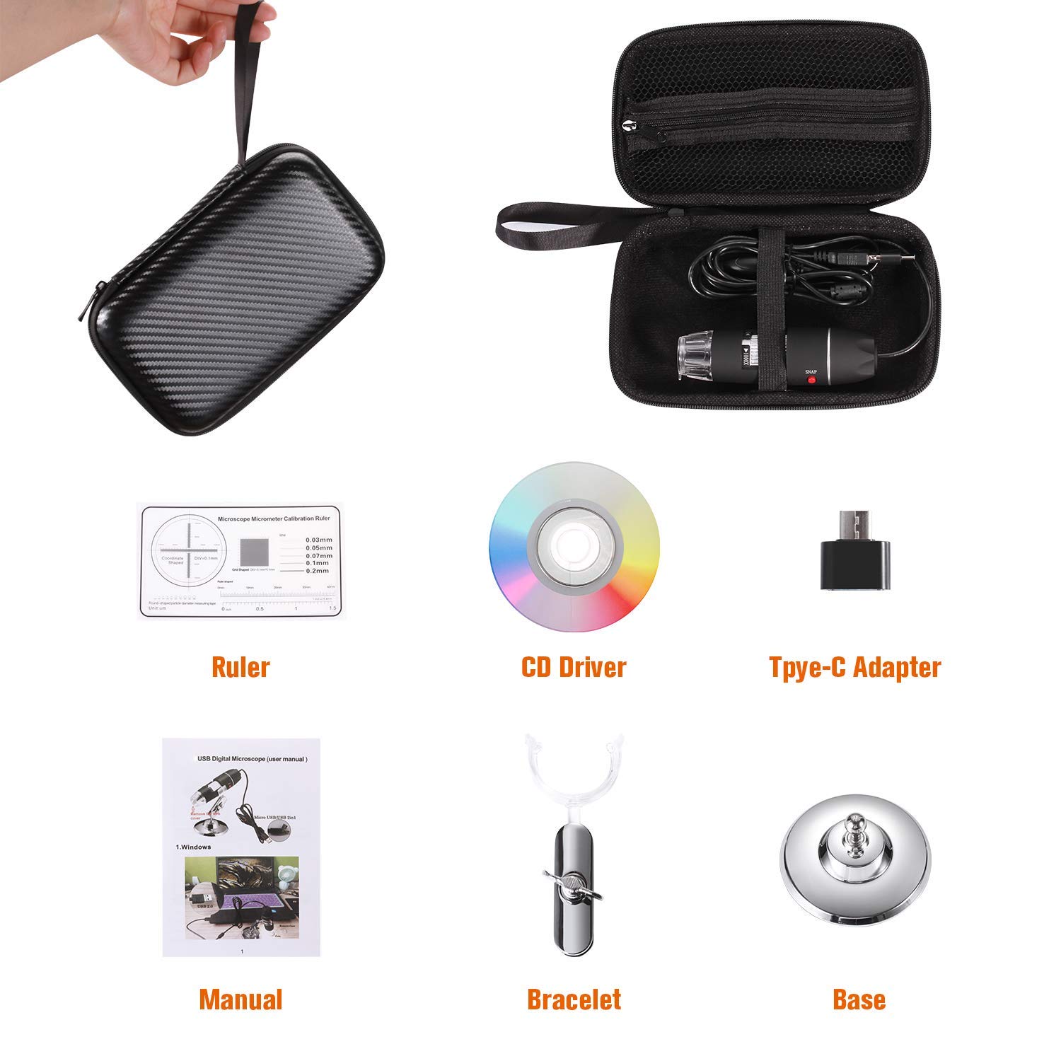 Bysameyee USB Digital Microscope 40X to 1000X, 8 LED Magnification Endoscope Camera with Carrying Case & Metal Stand, Compatible for Android Windows 7 8 10 11 Linux Mac