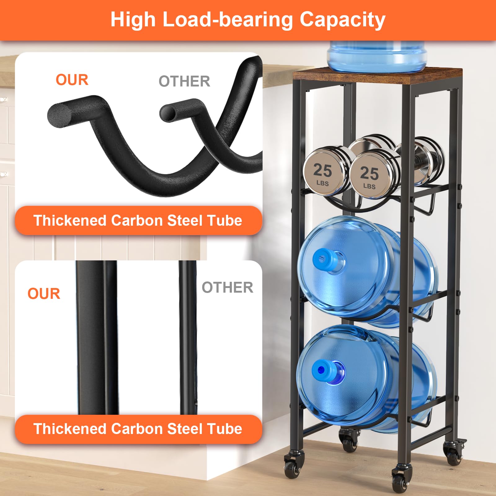 5 Gallon Water Bottle Jug Holder 3-Tier Water Bottle Holder Organizer with Lockable Casters Heavy Duty Water Storage Rack Water Dispenser Stand With Wood Top Shelf for Kitchen Office Garage Brown