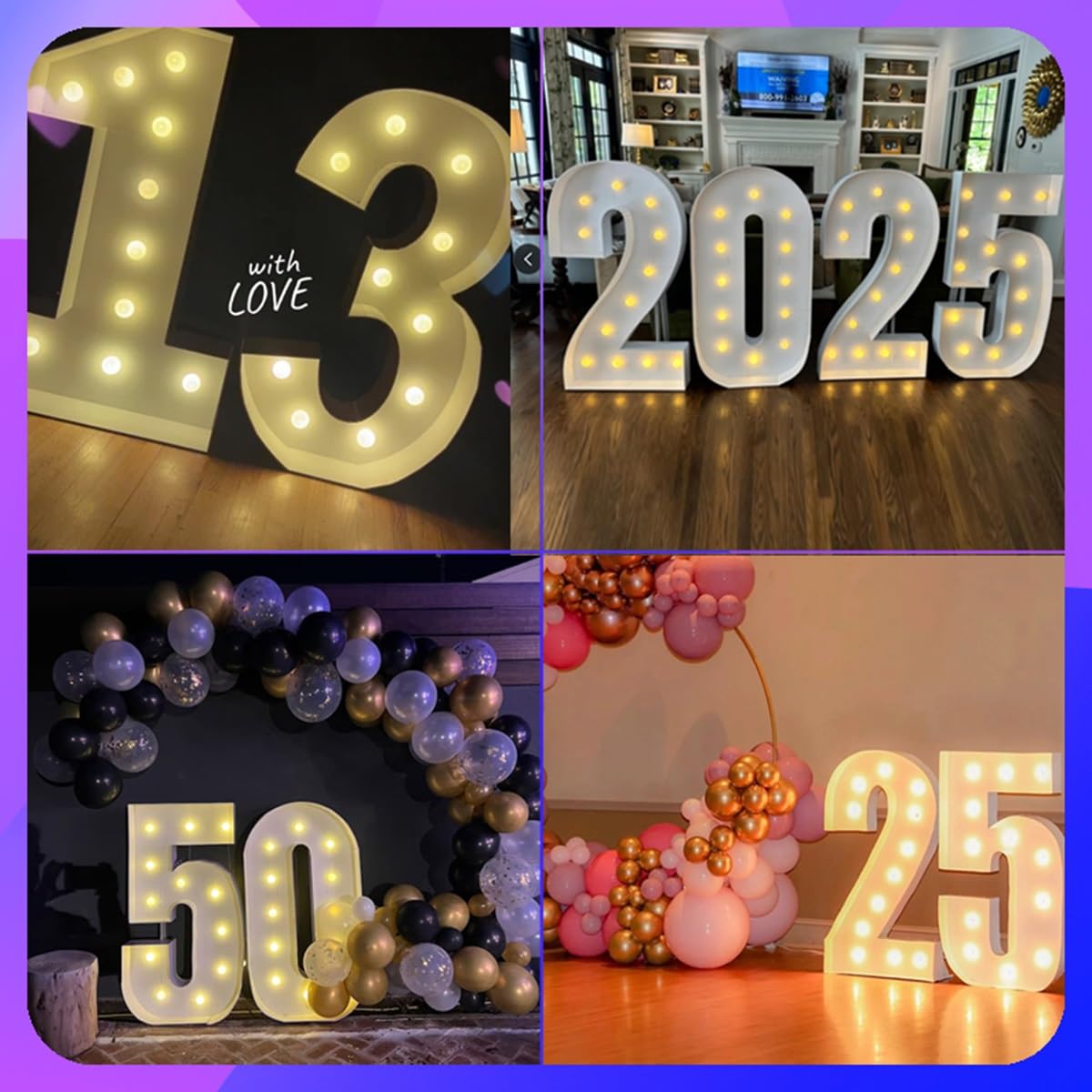 4FT Light Up Numbers Pre-Cut Frame Giant Marquee Numbers 1, Mosaic Numbers for Balloons, First 1st 21st Birthday Anniversary Decorations Party Decor