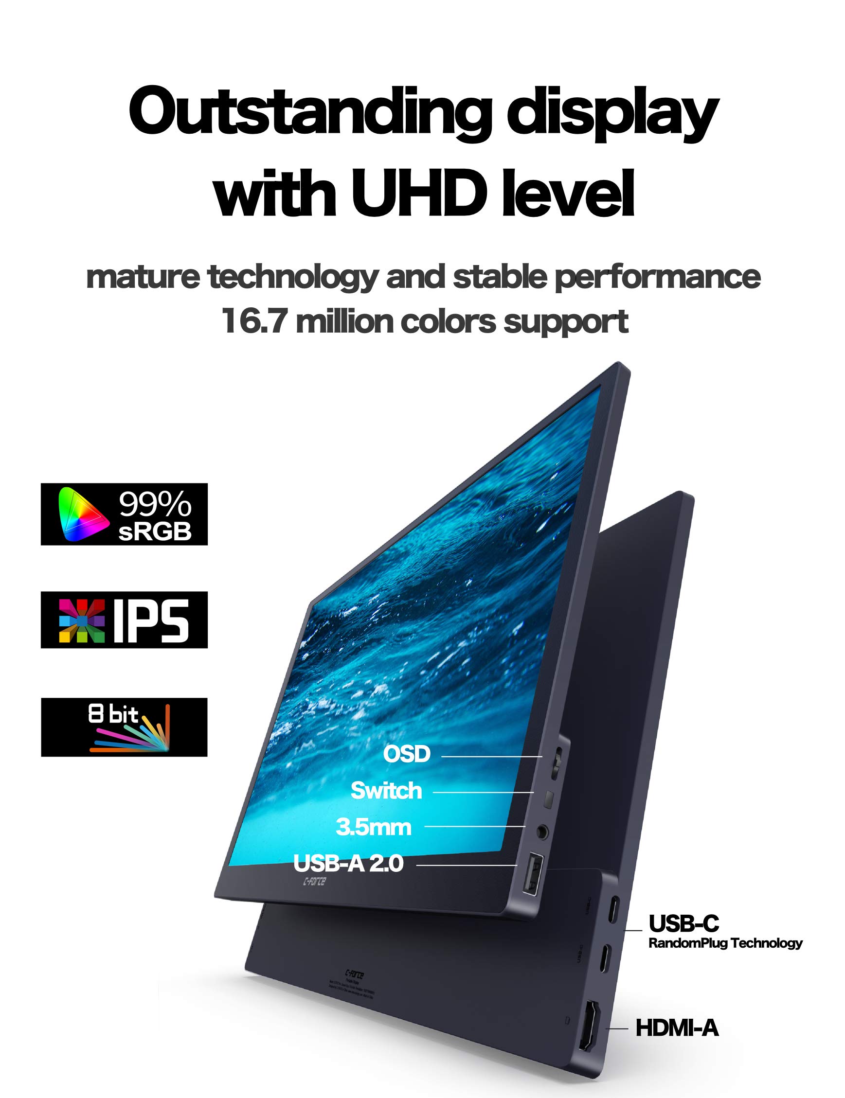 C-FORCE Display CF011X Pro4 15.6-inch UHD 4K IPS 8 bit USB-C HDMI 3840x2160 Screen 60Hz with USB-C RadomPlug Monitor for Xbox, Playstation, Nintendo Switch, Mac, S20