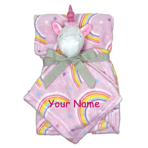 Little Mimos Personalized Rainbow Unicorn Baby Blanket Set - Matching Animal Character Snuggler Blankets with Custom Name