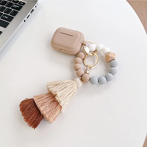 AirPod Pro Case,Gtinna Fashion Cute Stripe AirPod Pro Cover Case,Soft Silicone Case for Apple AirPod Pro Wireless Charging Case with Silicone Beaded Bracelet Tassel Keychain Accessorie (Khaki)