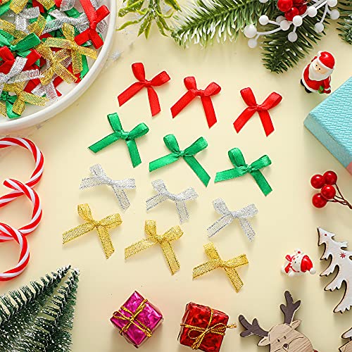 200 Pieces Christmas Tiny Bows Mini Christmas Bows Satin Ribbon Bows Mini Craft Ribbon Wreaths Bows for Sewing DIY Craft Wedding Decoration (Red, Green, Silver)