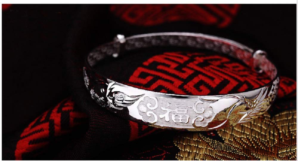 ABIRTE Women's 999 Solid Sterling Silver Chinese Dragon Phoenix Carved Adjustable Bangle Bracelet 15g Weight for Women,Ladies and Elder.