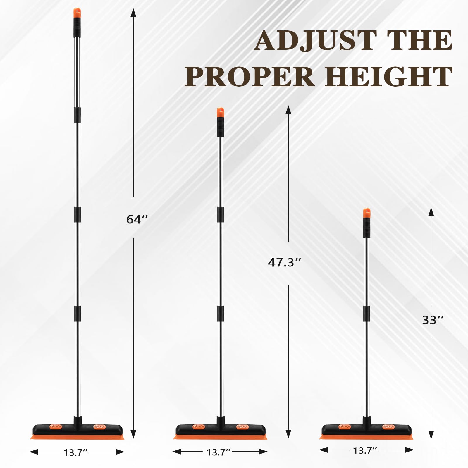 2 in 1 Rubber Broom with 33-64" Long Handle,Fur Remover Broom with 33-64" Long Handle, Pet Hair Broom with Squeegee for Carpet, Hardwood Floor, Tile- Black Orange
