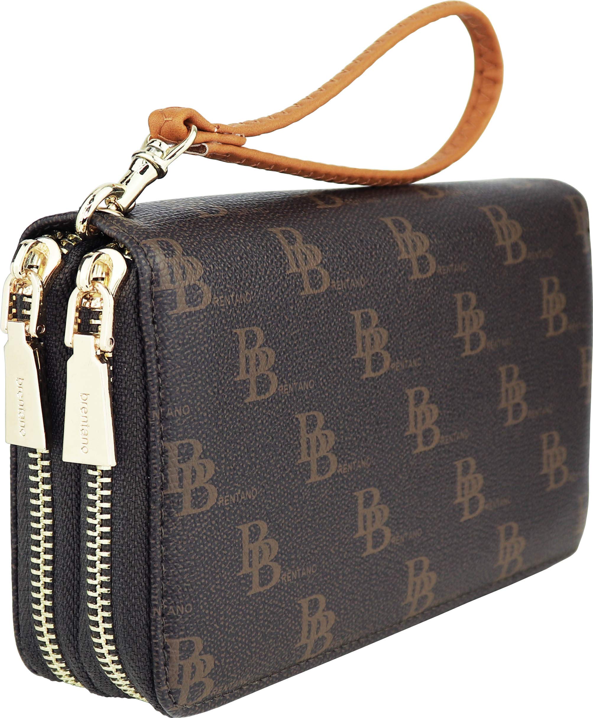 B BRENTANO Vegan Double-Zipper Wallet Clutch with Removable Wrist Strap (MB - Brown)