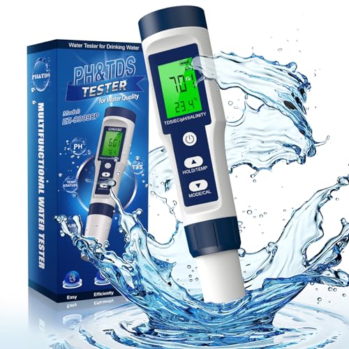 5 in 1 TDS Meter, Pool Salt Tester, 0.01 High Accuracy Digital PH Meter for Water, PH/TDS/EC/Salt/Temp Tester, PPM Meter Water Tester for Drinking Water, Hydroponics, Plants, Aquarium and Pool