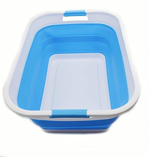 SAMMART 41L(10.8 Gallon) Collapsible Plastic Laundry Basket-Foldable Pop Up Storage Container-Portable Washing Tub-Space Saving Hamper/Basket, Water Capacity: 32L (8.4 Gallon) (2, White/Marine Blue)