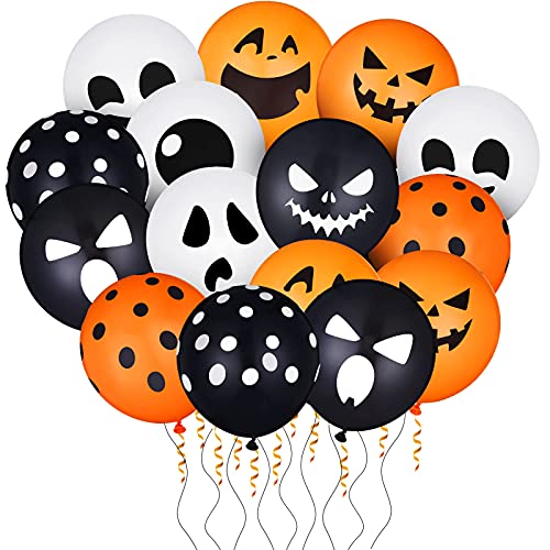 90 Pieces Halloween Balloons 12 Inches Halloween Pink Orange Black White Latex Balloons Skull, Bats, Boo Ghost Latex Balloons for Halloween Party Decoration Supplies (Classic Style)