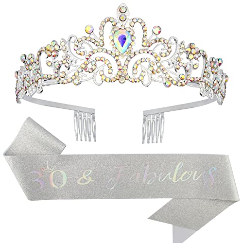 30th Birthday Decorations for Women, Silver 30 & Fabulous Birthday Sash and Tiara for Women, 30th Birthday Sash 30th Birthday Gifts for Her 30 Birthday Decorations Birthday Crown