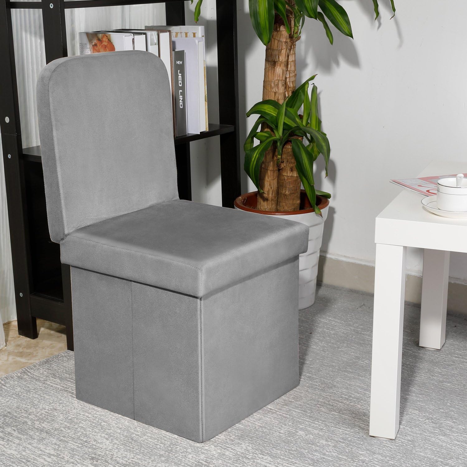 B FSOBEIIALEO Velvet Storage Ottoman with Seat Back, Footstool Shoes Bench Folding Chair, Room Organizer Cube Box (Teal, Large)
