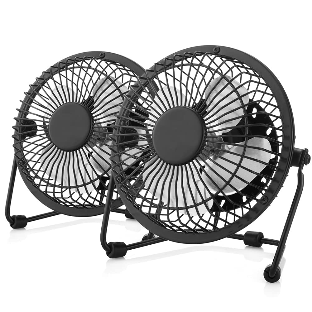 4 Inch Small USB Desk Fan, Mini Quiet Fan with Metal Construction & Strong Airflow & 360°Adjustable Tilt Angle, Personal Cooling Fan for Desktop Office (Black-2Pack)