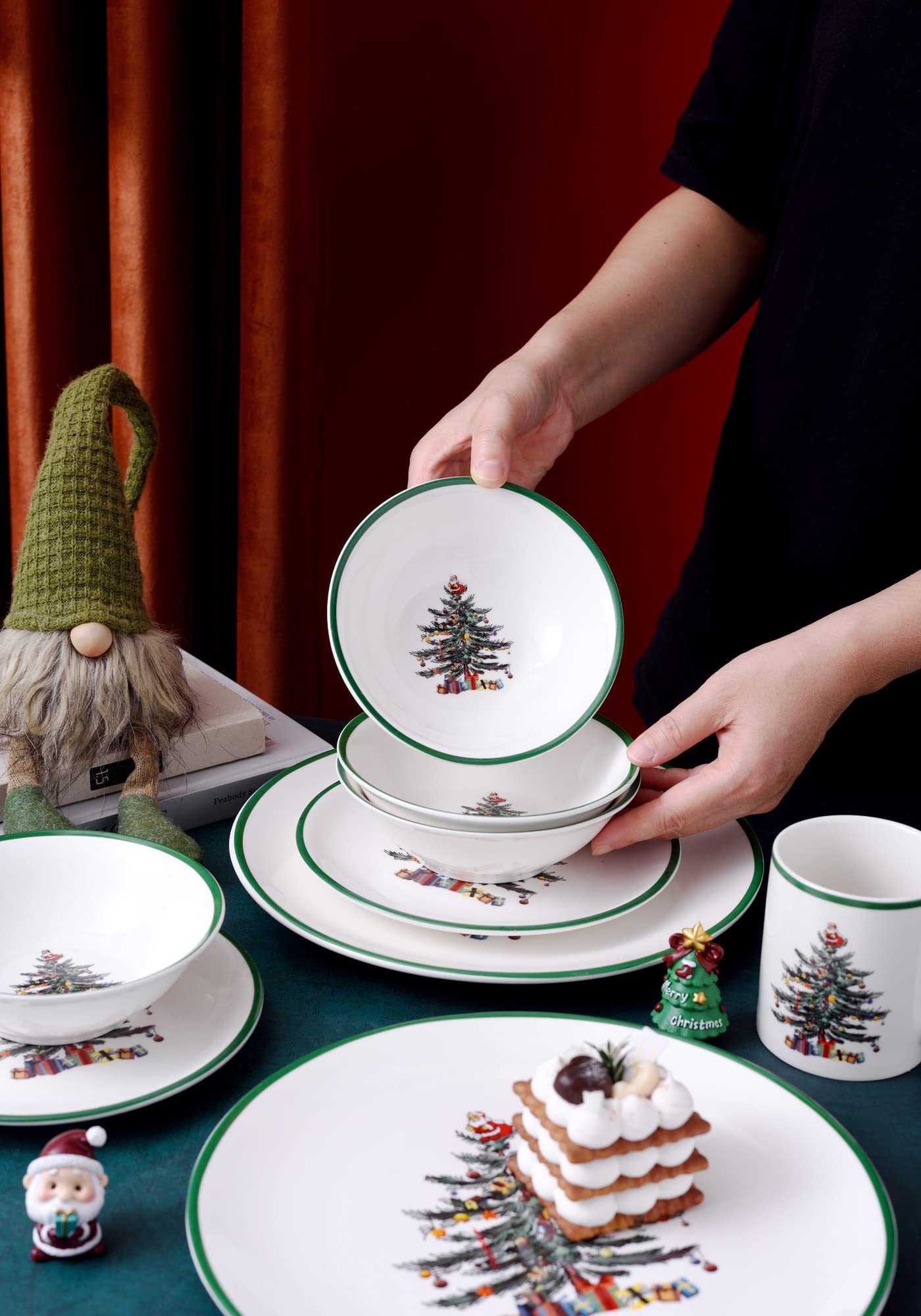 16 Piece Christmas Dishes Dinnerware Sets, Christmas Tree Dinnerware Set with Green Edge, Christmas Porcelain Dinnerware Set for Christmas (4×10.5 Inch Plates, 4×8 Inch Plates, 4×Bowls, 4×Mugs)