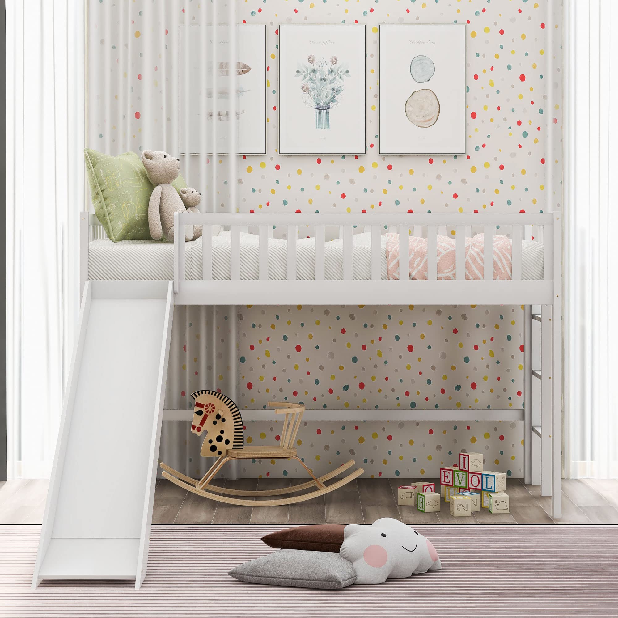 Harper & Bright Designs Low Loft Bed with Slide Kids Loft Bed Twin, Wood Twin Size Loft Bed for Kids, Girls,Boys,No Box Spring Needed, White