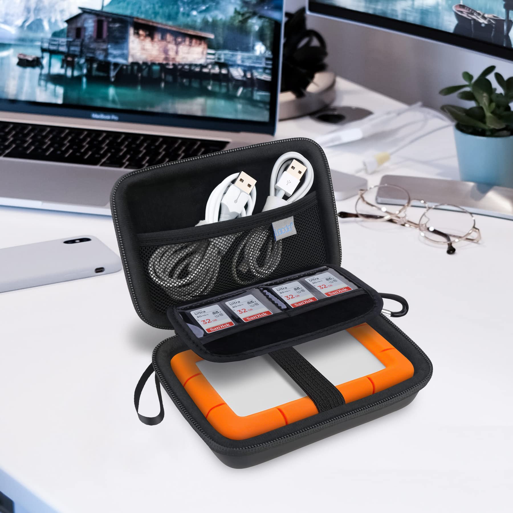 Lacdo Hard Drive Carrying Case for LaCie Rugged Mini/Rugged Thunderbolt USB 3.0 2.0 USB-C External Hard Drive Portable HDD 1TB 2TB 4TB 5TB EVA Shockproof Protective Storage Holder Travel Bag, Black