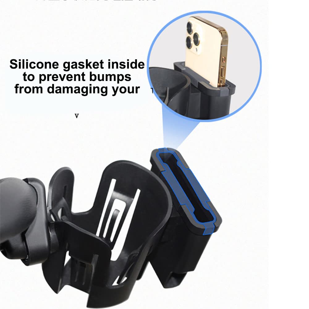 2 in 1 Stroller Cup Holder with Phone Holder Organizer for Parent, Baby, Toddler, Universal Strollers Storage Rack with Stroller Hooks for Stroller, Bike, Wheelchair, Walker, Pushchair(Black)