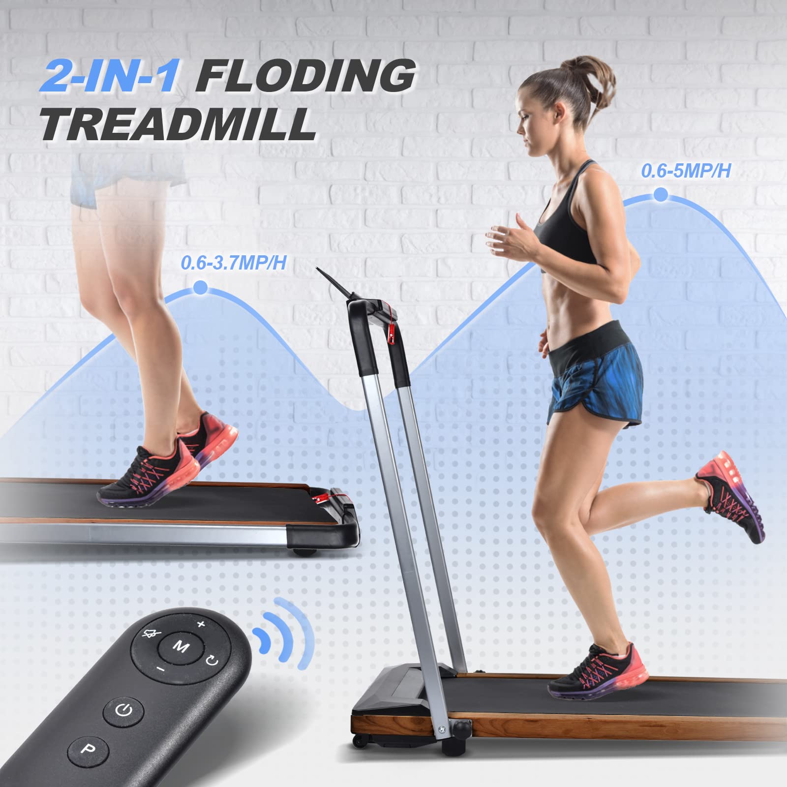 2 in 1 Under Desk Treadmill,2.25 HP Walking Pad Treadmill Under Desk for Home, Installation-Free Foldable Treadmill,Compact Portable Treadmill with Wheel, Walking Treadmill with Remote Control (BLACK)