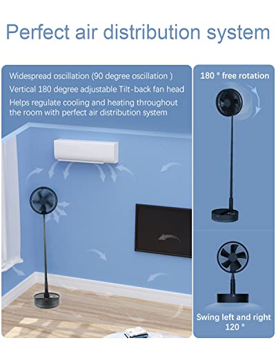 Foldable Fan Foldaway Oscillating with Remote Control, 10800mAh Battery Operated Fan, Portable Standing for Outdoor, Courtyard, Beach,Travel, Room,4 Speeds, with Timer night light (Black)