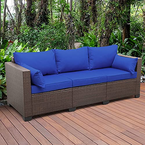 3-Seat Patio PE Wicker Sofa, Outdoor Rattan Couch Furniture Steel Frame with Furniture Cover and Deep Seat High Back, Royal Blue Anti-Slip Cushion