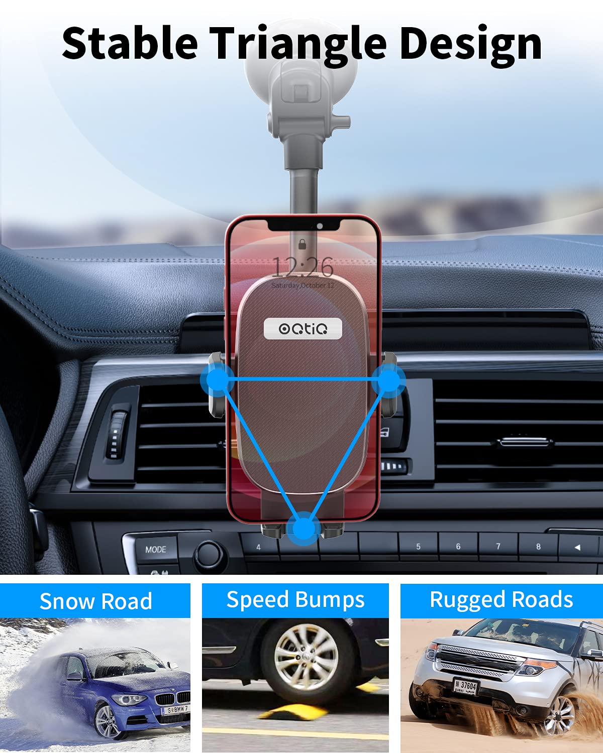 OQTIQ Suction Cup Phone Holder for Windshield/Dashboard, Phone Mount for Truck Car, 13-Inch Gooseneck Long Arm Sturdy Phone Mount with One Hand Operation, Compatible with All Phones